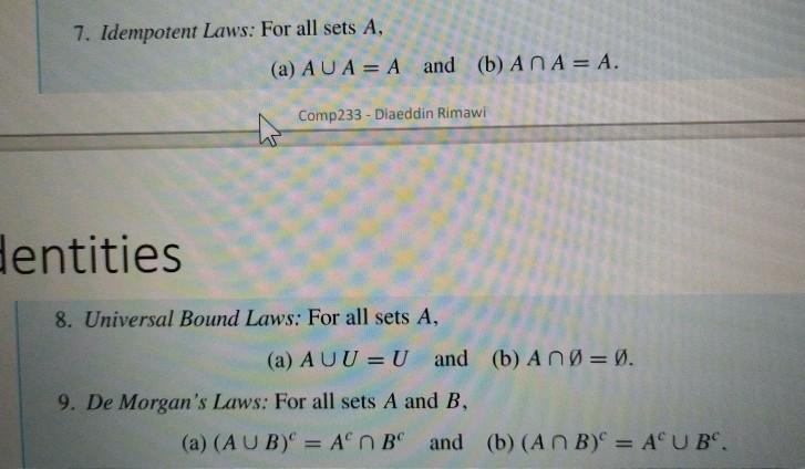 Solved 7. Idempotent Laws: For all sets A, (a) AU A = A and | Chegg.com