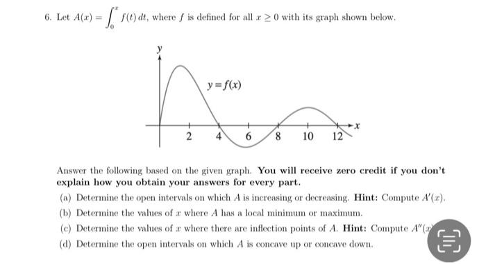 Solved 6. Let A(x)=∫0xf(t)dt, where f is defined for all x≥0 | Chegg.com