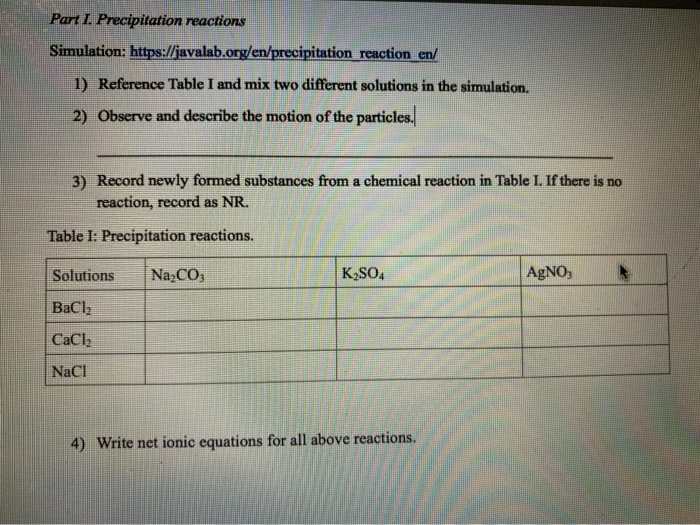 Solved Part I. Precipitation reactions Simulation: | Chegg.com