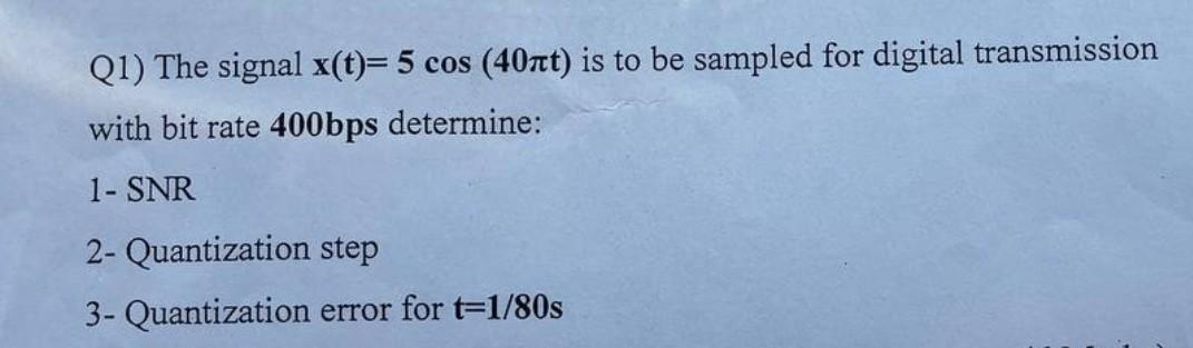 Solved Q1) The signal x(t)=5cos(40πt) is to be sampled for | Chegg.com