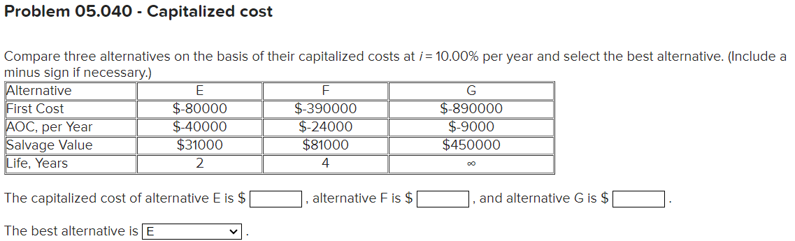 Solved Problem 05.040 - ﻿Capitalized costCompare three | Chegg.com