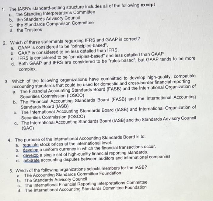 Solved 1. The IASB's standard-setting structure includes all | Chegg.com