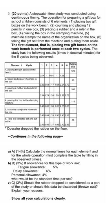 Solved 120 3- (20 points) A stopwatch time study was | Chegg.com