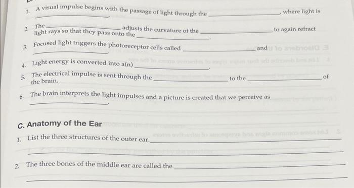 Solved 1. A visual impulse begins with the passage of light | Chegg.com