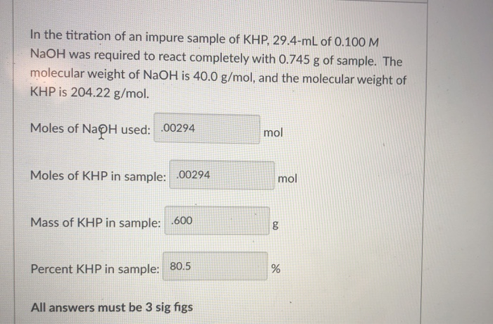 Solved In the titration of an impure sample of KHP, 29.4-mL | Chegg.com