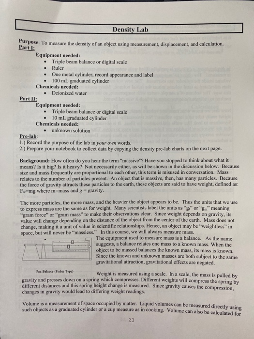 Density Lab Part 1: Purpose: To measure the density | Chegg.com