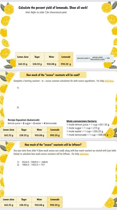 Solved Calculate the percent yield of lemonade. Show all | Chegg.com