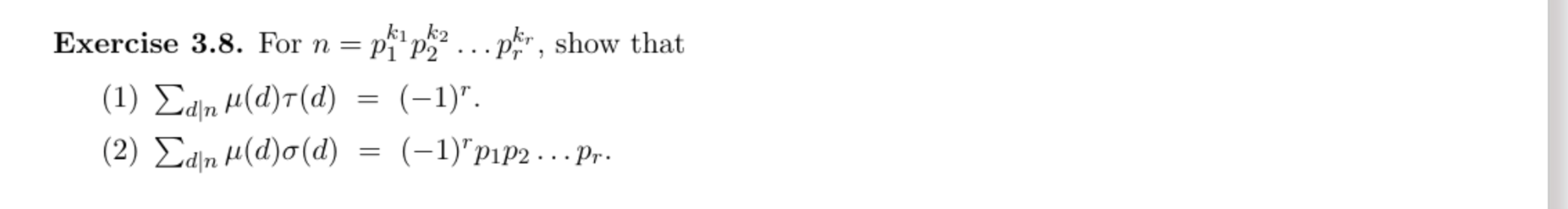 Solved Exercise 3.8. ﻿For n=p1k1p2k2dotsprkr, ﻿show | Chegg.com