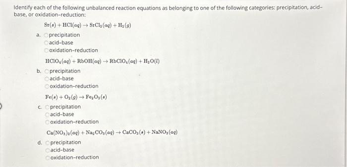 Solved Identify each of the following unbalanced reaction | Chegg.com