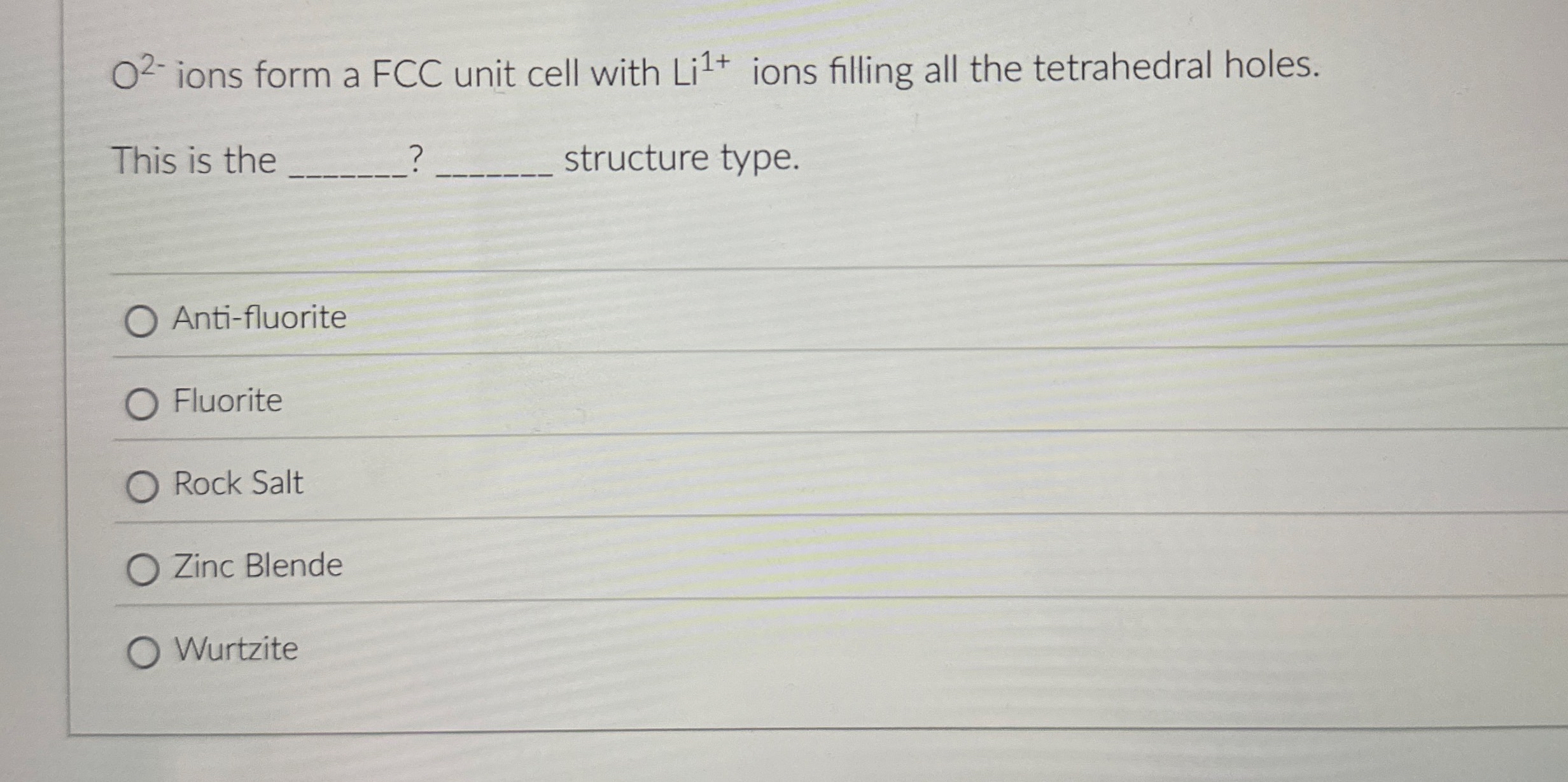 Solved O2- ﻿ions form a FCC unit cell with Li1+ ﻿ions | Chegg.com