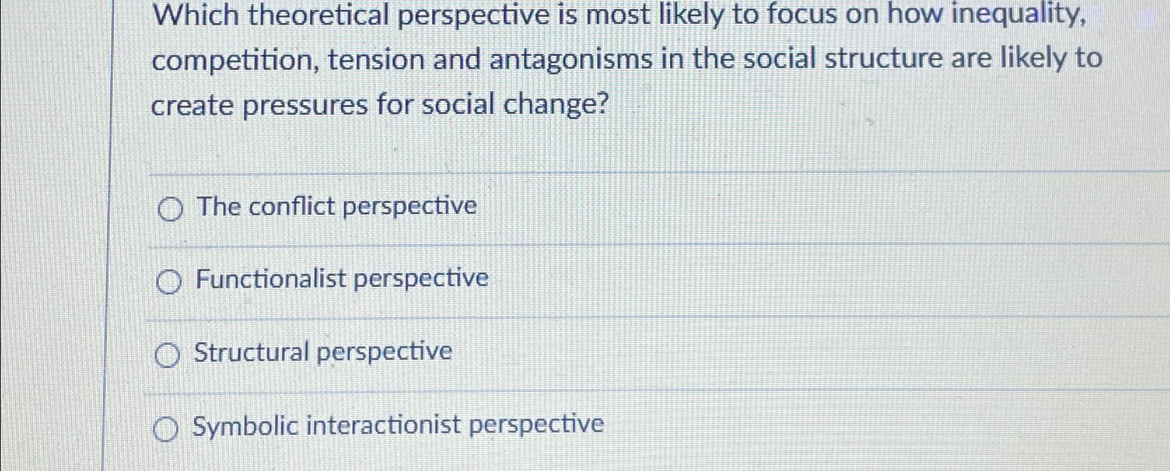 Solved Which theoretical perspective is most likely to focus | Chegg.com