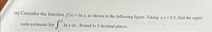 Solved 10) Consider the function f(x)=lnx, as shown in the | Chegg.com