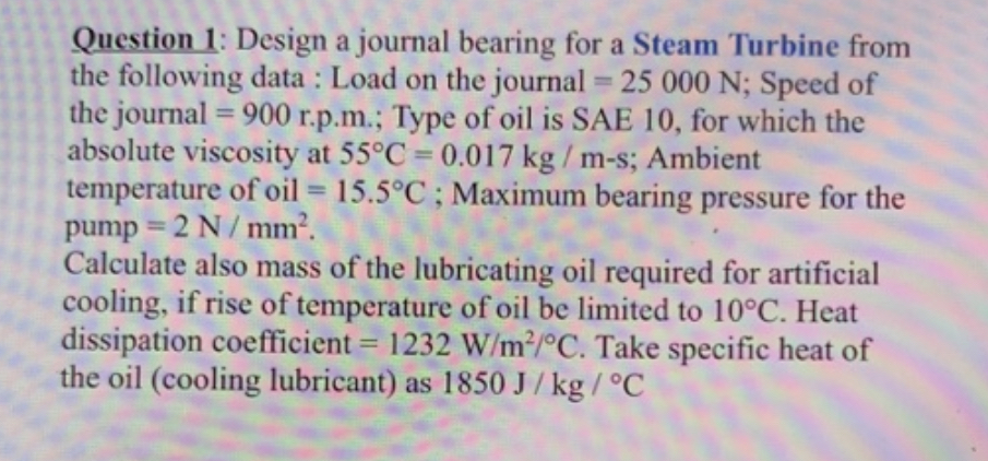 Solved Question 1: Design a journal bearing for a Steam | Chegg.com