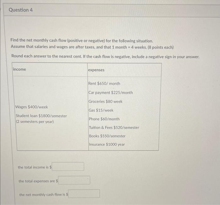 Solved Find the net monthly cash flow (positive or negative) | Chegg.com