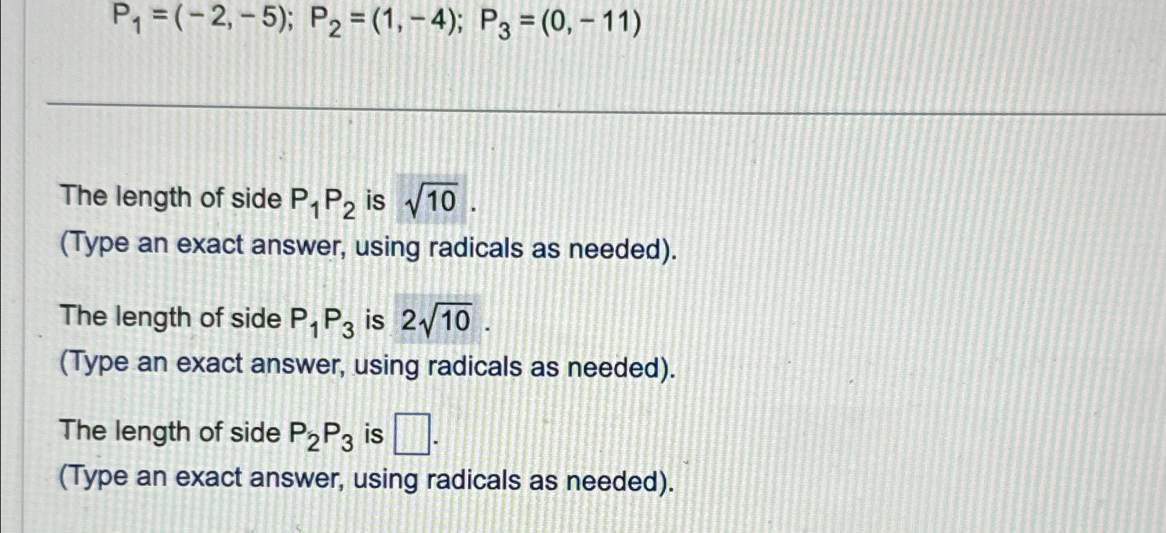 Solved P1=(-2,-5);P2=(1,-4);P3=(0,-11)The length of side | Chegg.com
