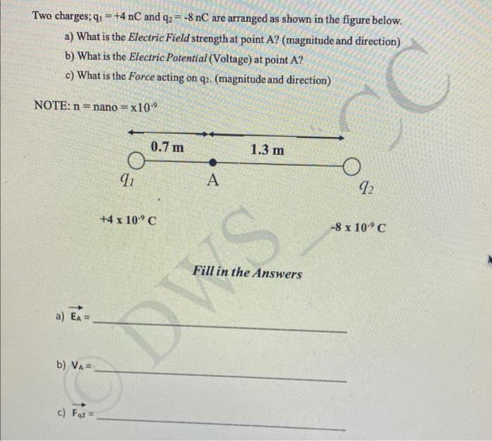 Solved Two charges; q1=+4nC and q2=−8nC are arranged as | Chegg.com