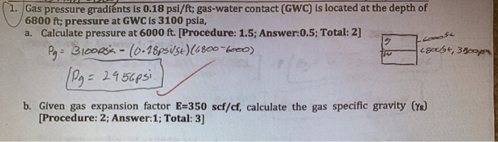 1. Gas pressure gradients is 0.18 psi/ft; gas-water | Chegg.com
