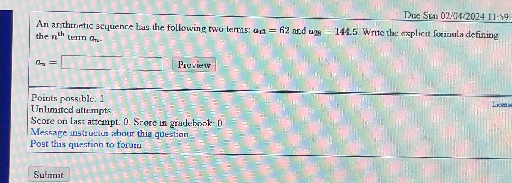 Solved Due Sun 02/04/2024 11:59An arithmetic sequence has | Chegg.com