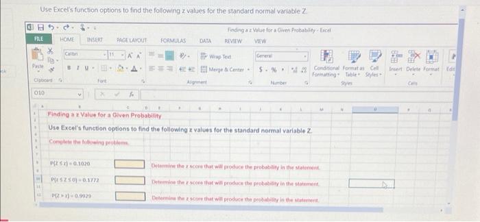 Solved Use Excel's function options to find the following z | Chegg.com