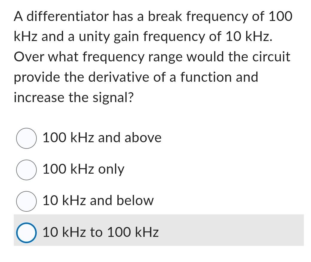 Solved A differentiator has a break frequency of 100 kHz and | Chegg.com