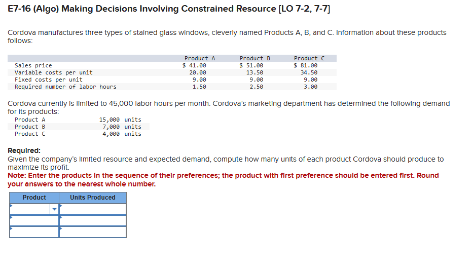 Solved E7-16 (Algo) ﻿Making Decisions Involving Constrained | Chegg.com