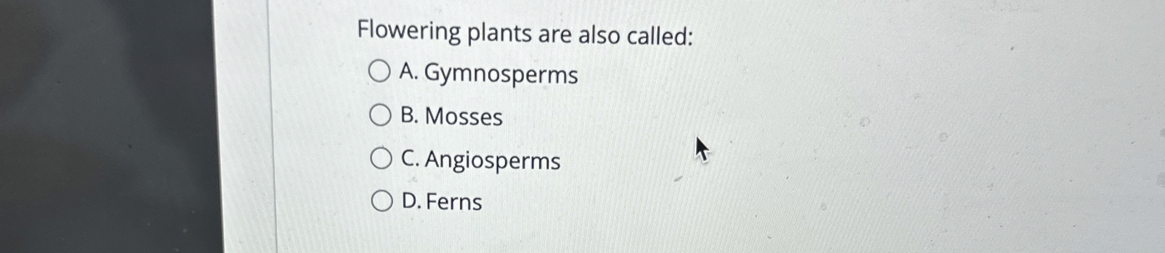 Solved Flowering plants are also called:A. ﻿GymnospermsB. | Chegg.com