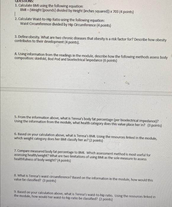 1. Calculate BMI using the following equation: BMI= | Chegg.com