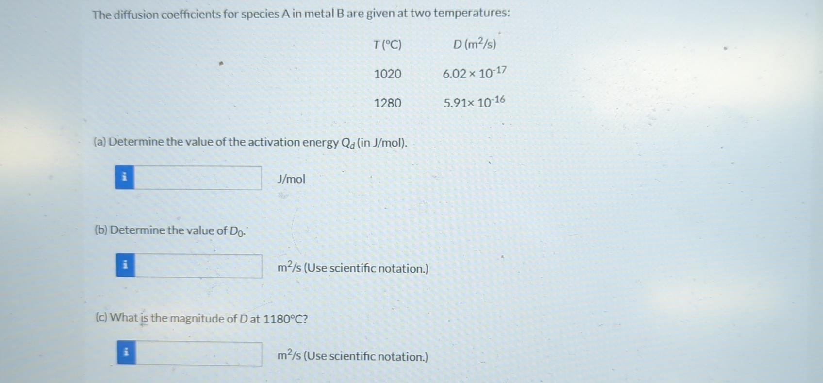 Solved The diffusion coefficients for species A in metal B | Chegg.com