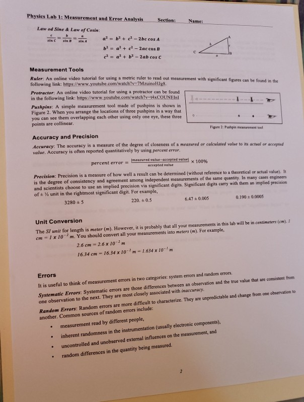 . Physics Lab 1: Measurement and Error Analysis | Chegg.com