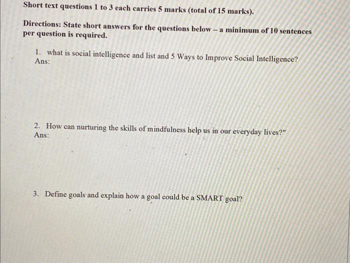 Solved Short text questions 1 to 3 each carries 5 marks | Chegg.com
