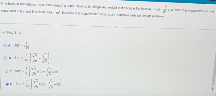 Solved One formula that relates the surface area of a human | Chegg.com