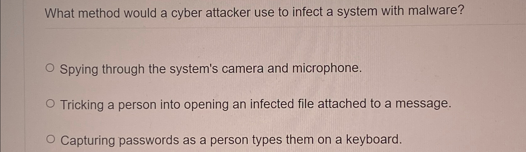 Solved What method would a cyber attacker use to infect a | Chegg.com
