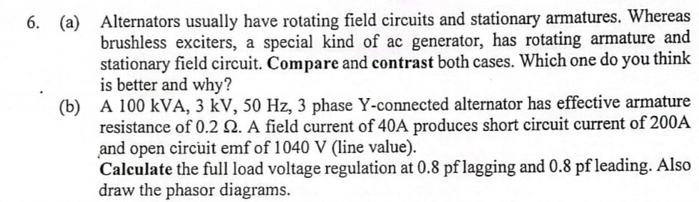 Solved (a) ﻿Alternators usually have rotating field circuits | Chegg.com