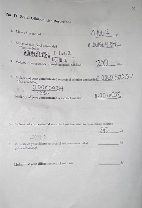 Solved art D. Serial Dilution with Resorcinol 1. Mass of | Chegg.com
