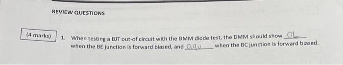 Solved 1. When testing a BJT out-of circuit with the DMM | Chegg.com
