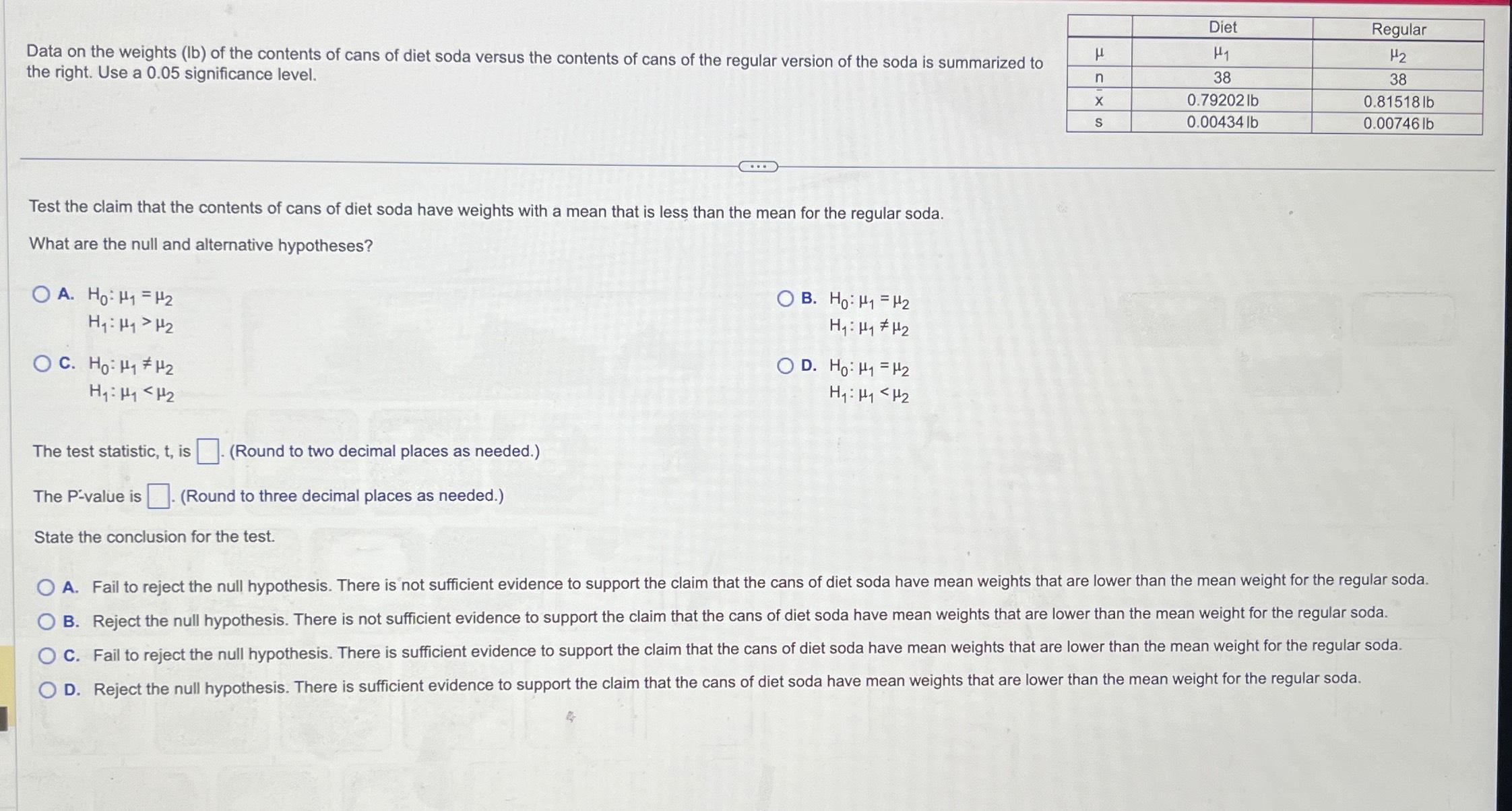 Solved Data on the weights (lb) ﻿of the contents of cans of | Chegg.com
