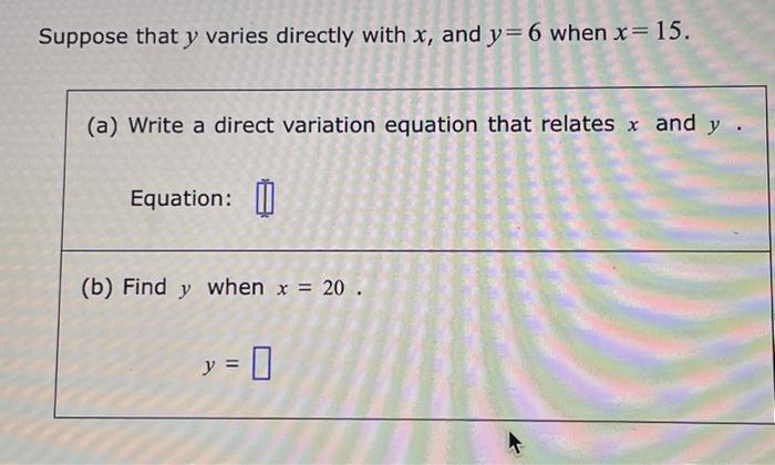 Suppose that y varies directly with x, and y=6 when | Chegg.com