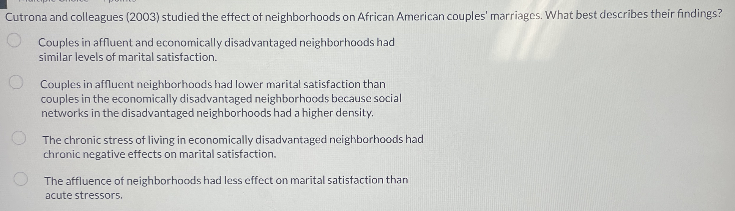 Solved Cutrona and colleagues (2003) ﻿studied the effect of | Chegg.com