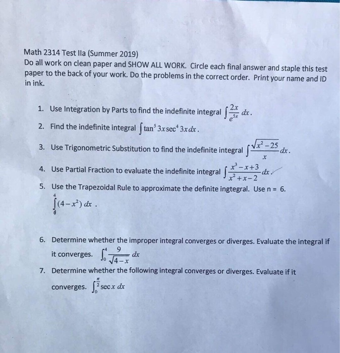 Solved Math 2314 Test Ila (Summer 2019) Do all work on clean | Chegg.com