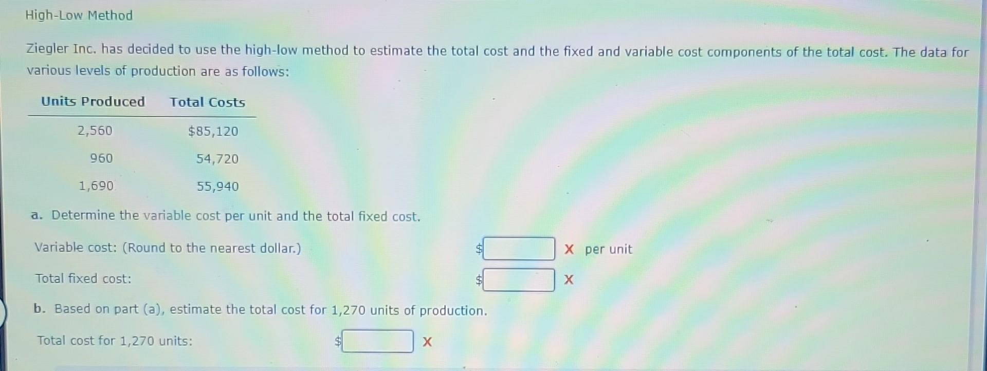 Solved Ziegler Inc. has decided to use the high-low method | Chegg.com