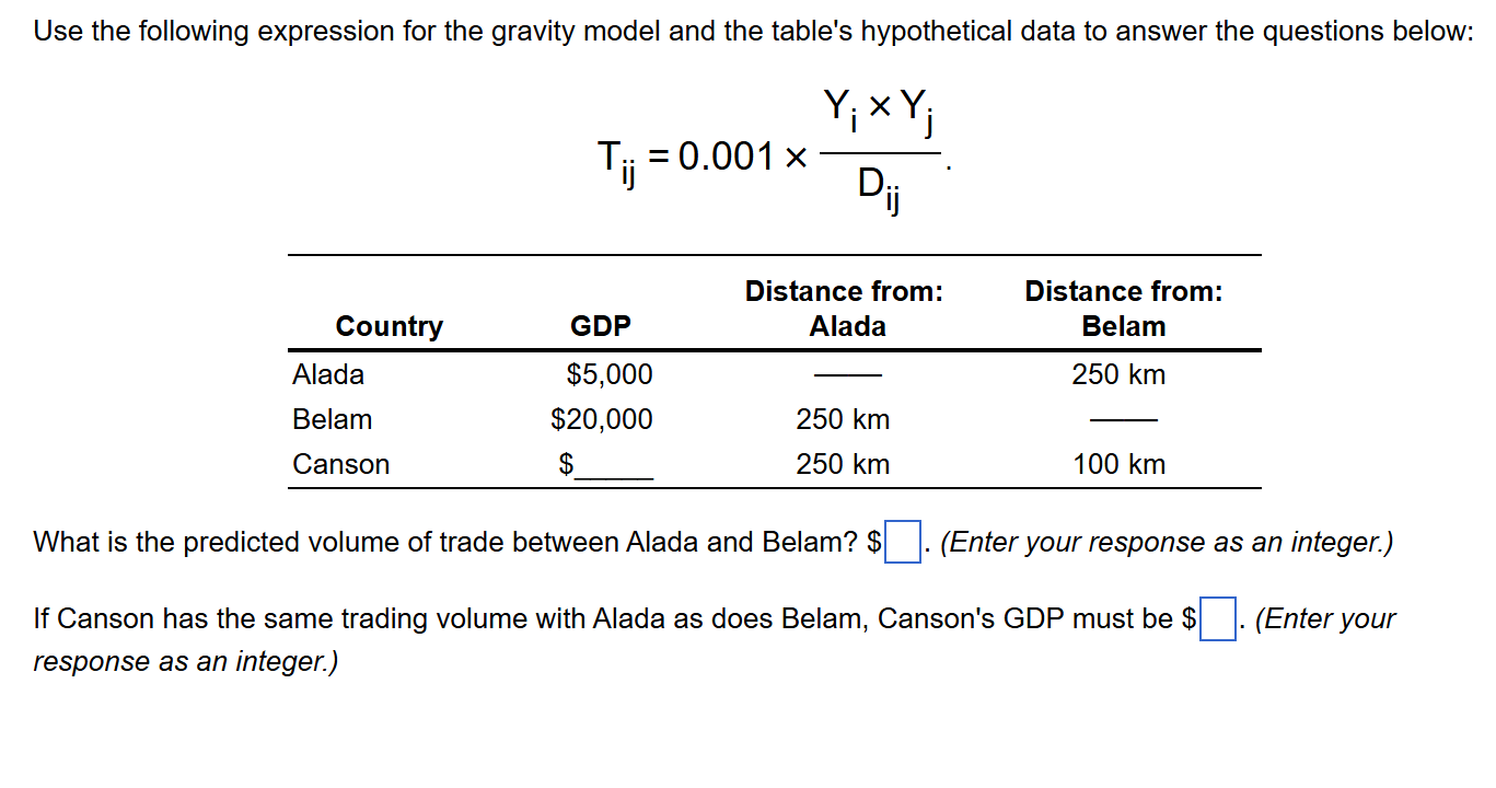 Use the following expression for the gravity model | Chegg.com