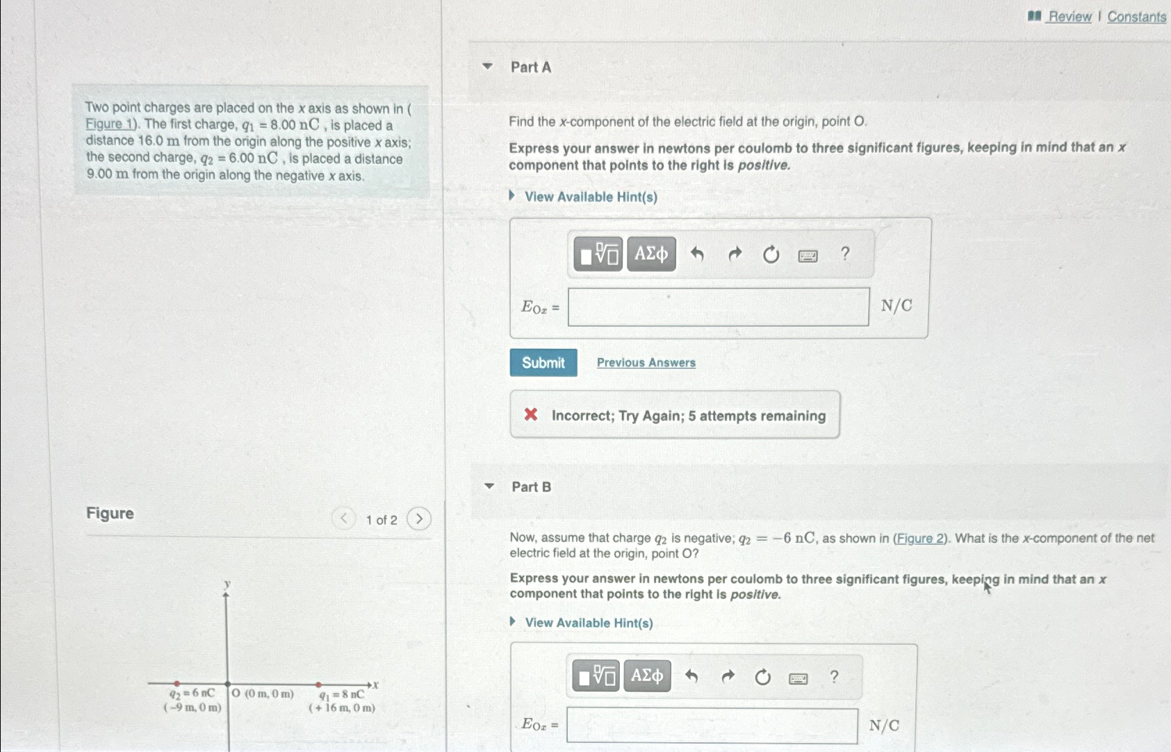 Solved Review I ConstantsPart ATwo point charges are placed | Chegg.com