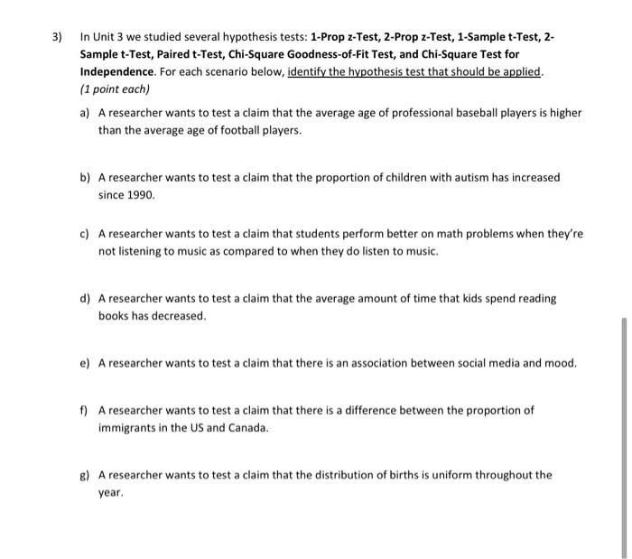 Solved 3) In Unit 3 we studied several hypothesis tests: | Chegg.com