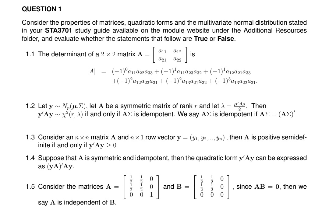 Solved QUESTION 1Consider the properties of matrices, | Chegg.com