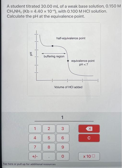 Solved A student titrated 30.00 mL of a weak base solution, | Chegg.com