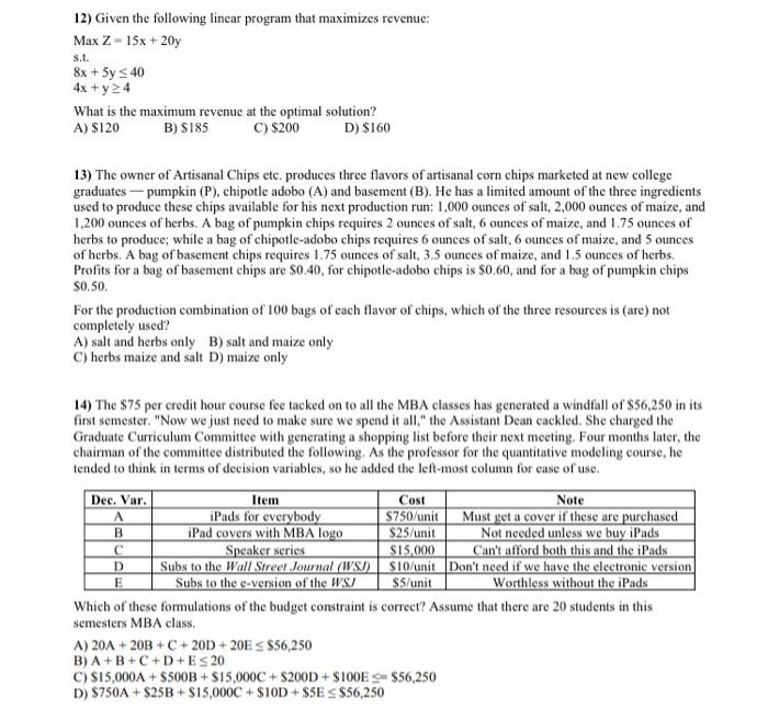 Solved 12) Given the following linear program that maximizes | Chegg.com