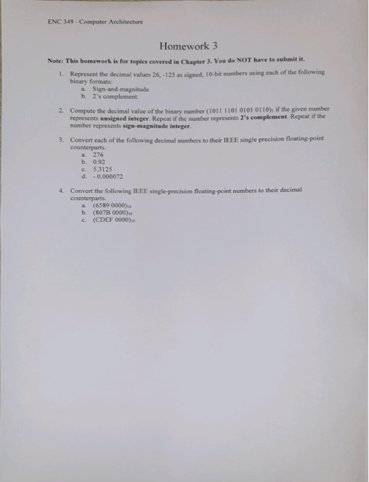 Solved ENC 349. Computer Architecture Homework 3 Note: This | Chegg.com
