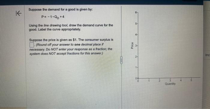 Solved Suppose the demand for a good is given by: P=−1⋅QD+4 | Chegg.com