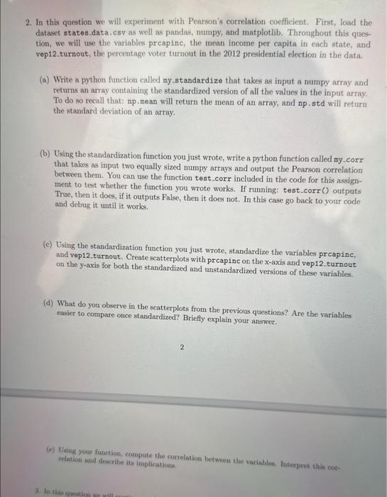 2. In this question we will experiment with Pearson's | Chegg.com