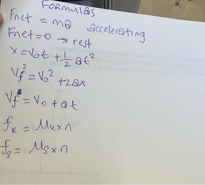 Solved Formulas Fret = ma accelerating Fnet=0 srest x = Vot | Chegg.com